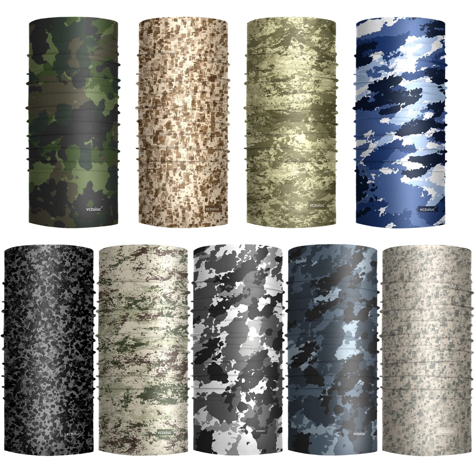 VCZUIUC Headwear Bandana Head Wrap Face Scarf Mask Neck Warmer Balaclava for Sports (One Size, 9PCS CAMO-5)