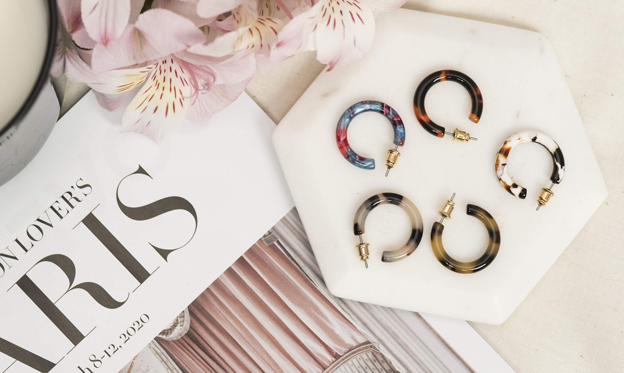 Tortoise Shell Hoop Earrings Small Resin Acrylic Acetate Hoops For Women Men 925 Sterling Silver Posts (Blonde)