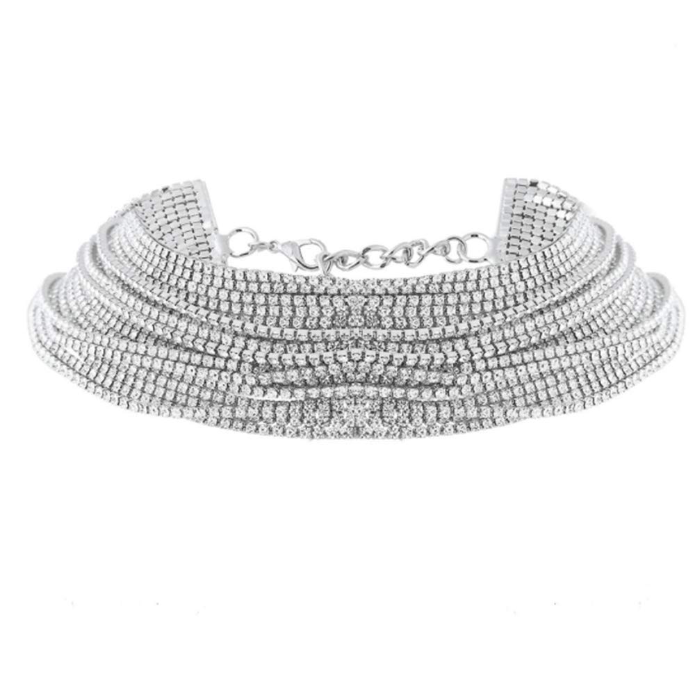 YERTTER Women Waterfall Rhinestone Chain Multilayered Chain Full Crystal Tight Sparkly Choker for Party Prom Vacation (Silver)