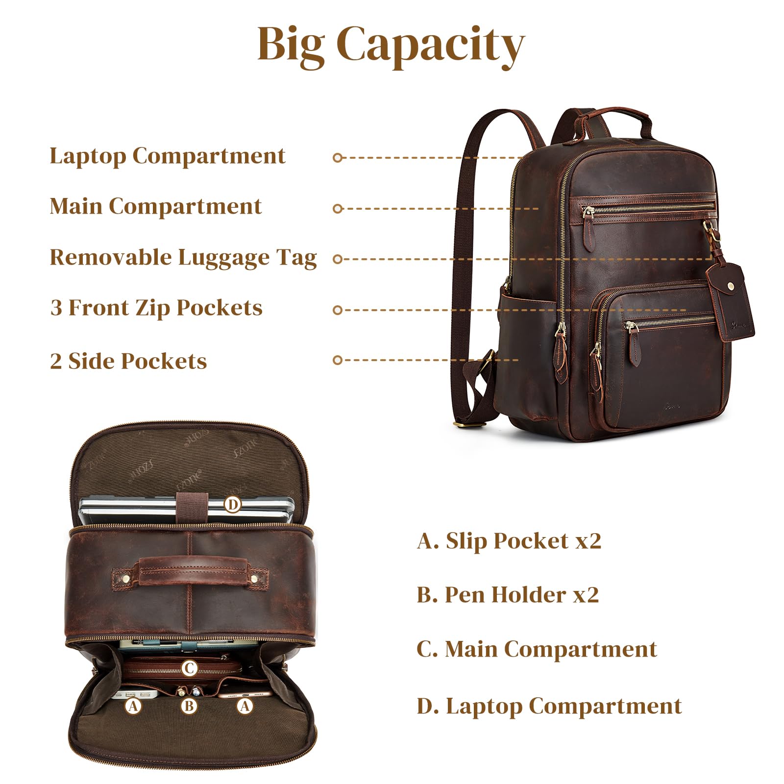 S-ZONE Extra Large Genuine Leather Backpack Purse for Women Men Travel Rucksack Vintage Retro Daypack