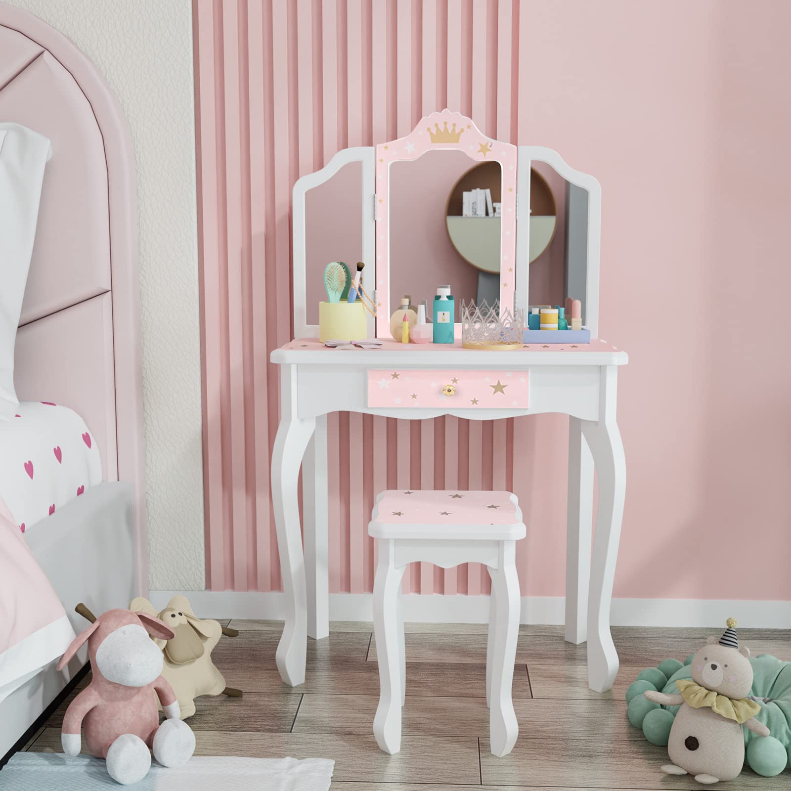 VALUE BOX Kids Vanity Table and Stool for Makeup Dressing with Mirrors Drawers, White Pink