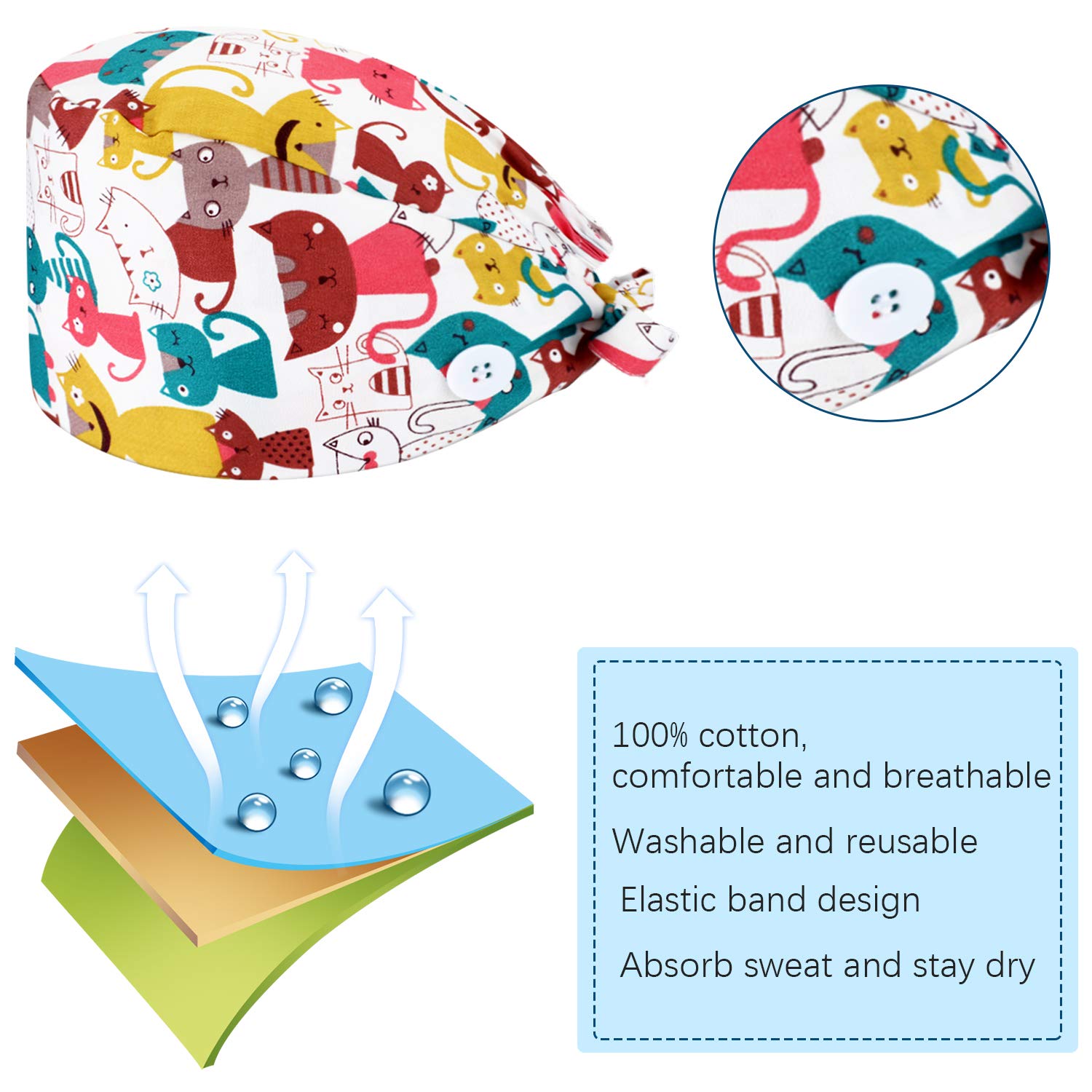 SATINIOR 8 Pieces Caps with Buttons Colorful Printed Tie Back Caps Unisex Caps with Sweatband for Women Men