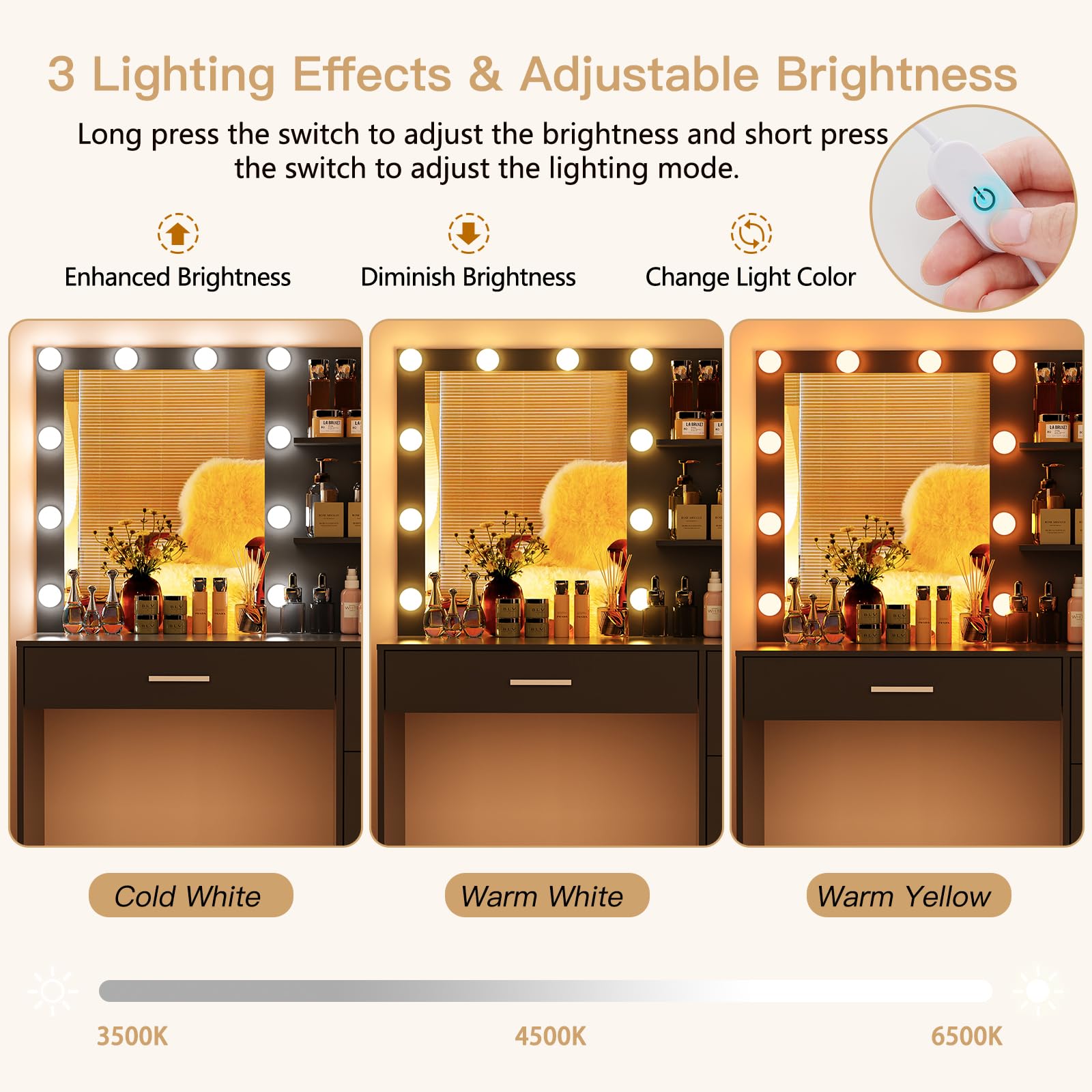 usikey Makeup Vanity with Lights, Vanity Desk with Mirror and 10 LED Lights, Vanity Table Set with 4 Drawers, Cabinet & 4 Necklace Hooks, Dressing Table for Bedroom, Black