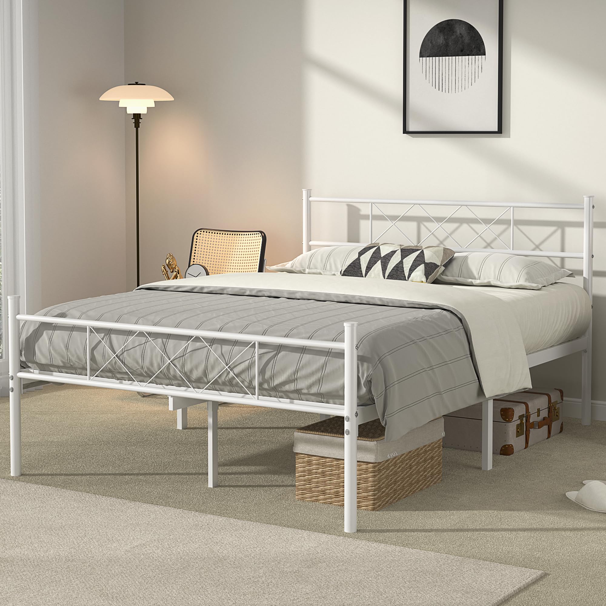 VECELO Full Size Platform Bed Frame with Headboard and Footboard, Heavy-Duty Mattress Foundation with Steel Slats Support, No Box Spring Needed/Easy Assembly, Pure White