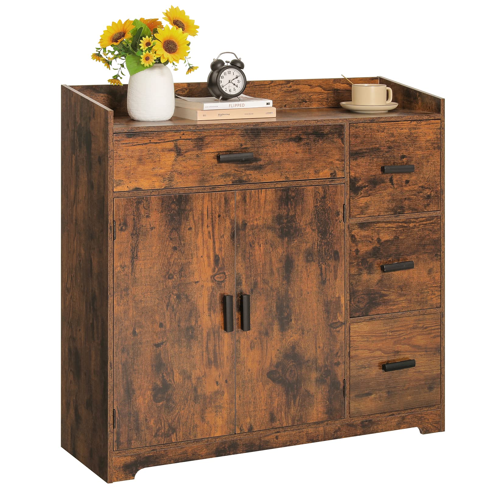 usikey Storage Cabinet with 2 Doors & 4 Drawers, Freestanding Cabinet with Adjustable Shelves, Wooden Sideboard, Accent Cabinet for Living Room, Hallway, Kitchen, Bedroom, Rustic Brown