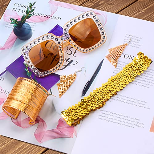 Yewong 5 Pieces 70s Retro Disco Accessories Set Oversize Square Sparkling Sunglasses Rhinestone Choker Bling Headband Cuff Bangle Bracelet Drop Dangle Earrings (Gold Set)