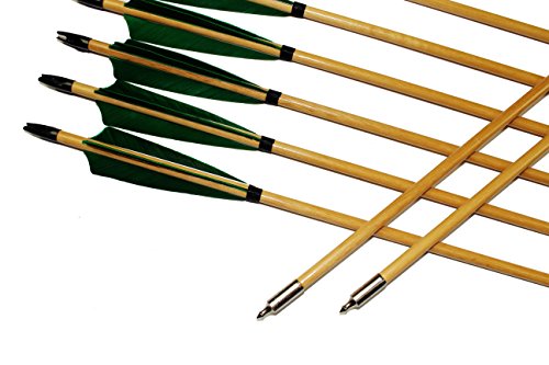 TTFLY FLETCHING 12PK 32 inch Traditional Wooden Arrows Handmade Shaft Green Shield Turkey Feather Practice Archery for Recurve Longbow Hunting Arrows