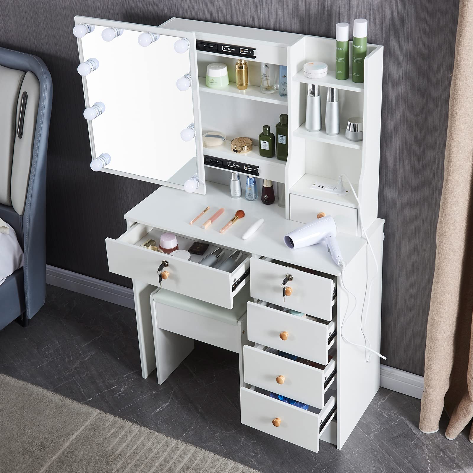 Vanity Desk Set with Charging Station, Makeup Vanity Dressing Table with Hollywood Mirror, 3 Lighting Modes Adjustable Brightness for Bedroom