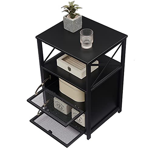 VECELO Nightstand, End Table with Flip Drawer, Modern Night Stand for Bedroom Living Room, Office, Easy Assembly, Set of 1, Black