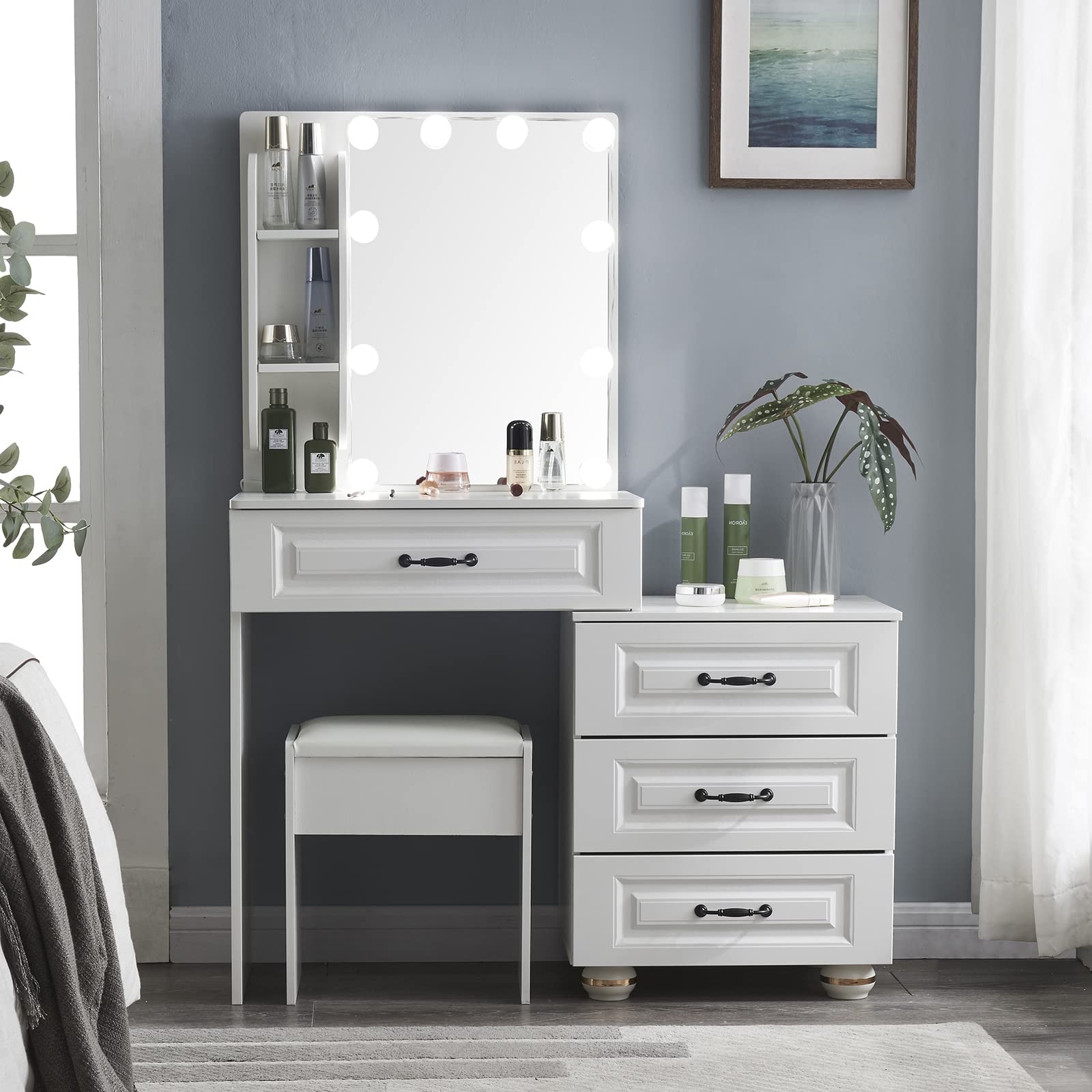 Vanity Desk with Mirror and Lights, Makeup Table with 4 Drawers, 3 Lighting Modes Adjustable Brightness, Dressing Table for Girls, White