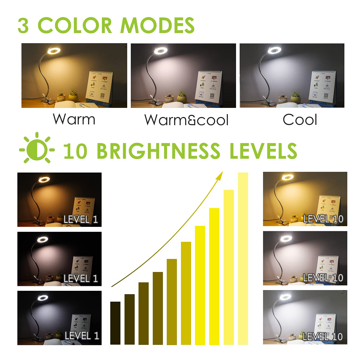 Semlos LED Reading Lights, Desk Lamp USB, Clamp Lamp for Bed Headboard Tables, 3 Lighting Modes 10 Brightness Levels, Clip Gooseneck Lamp, Memory Function, Auto Off(Silver, 8W)