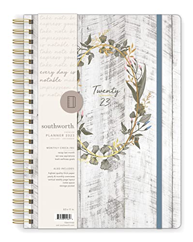 Southworth Planner (January 2023-December 2023), 8.5" x 11", Rustic Sage Oval Wreath, Premium 28#/105 gsm Paper, Large Twin Wire (91065)