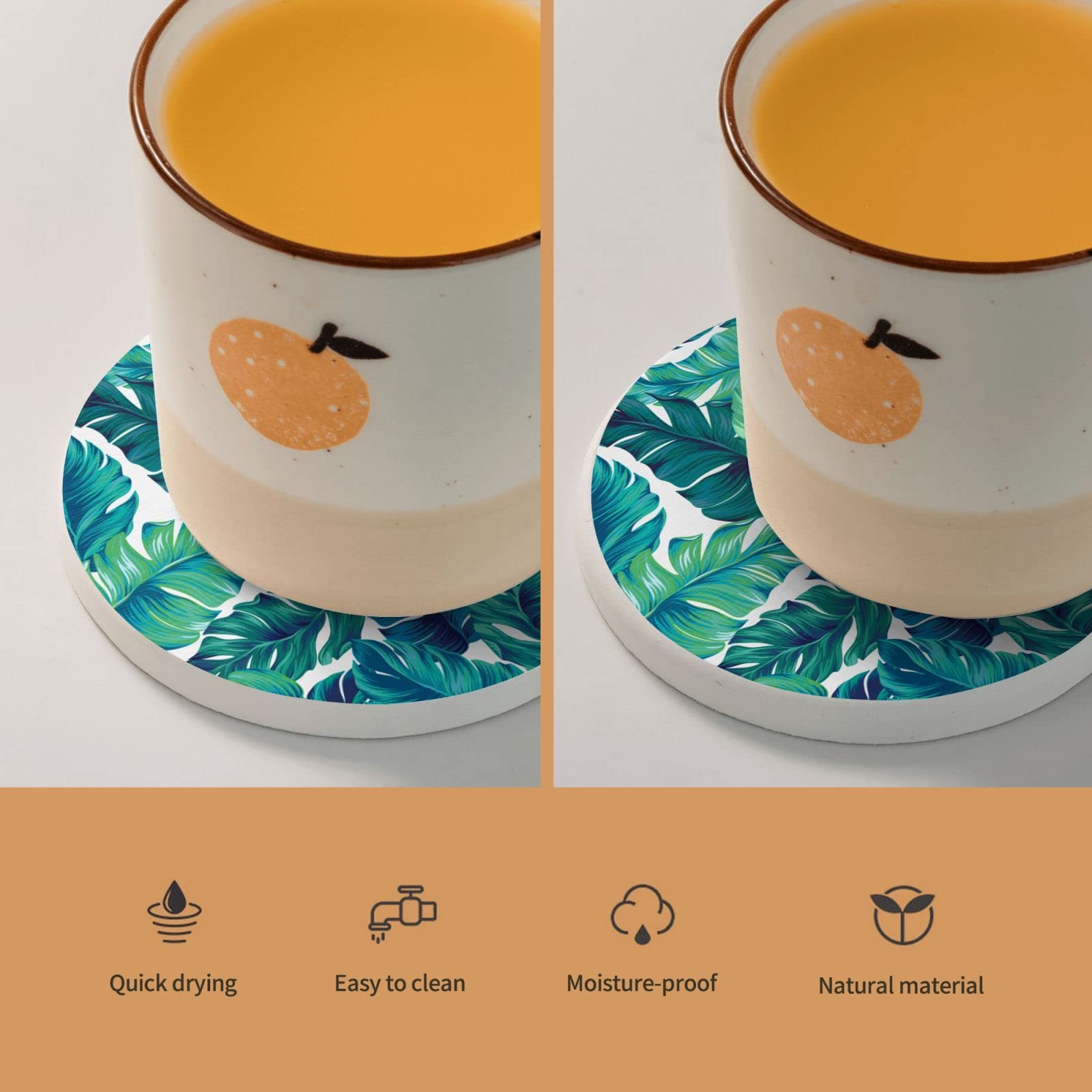 Tropical Palm Leaves Coasters for Drinks, Absorbent Coasters Set of 2, Coffee Cup Tabletop Protection Coaster, Housewarming Bar Kitchen Home Decor 4 Inch