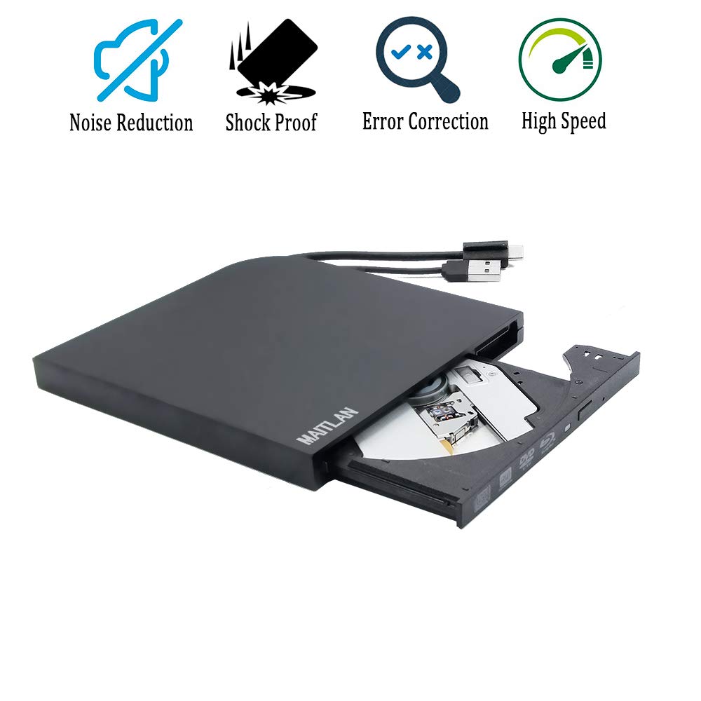 Ultra Slim External 4K UHD HD 3D Blu-ray Disc Player, USB Type-A & Type-C USB-C 2-In-1 6X BD-R BD-RE DL BDXL 100GB DVD-R M-Disc Burner Portable Optical Drive, for Windows 10 Mac OS Laptop & Desktop PC