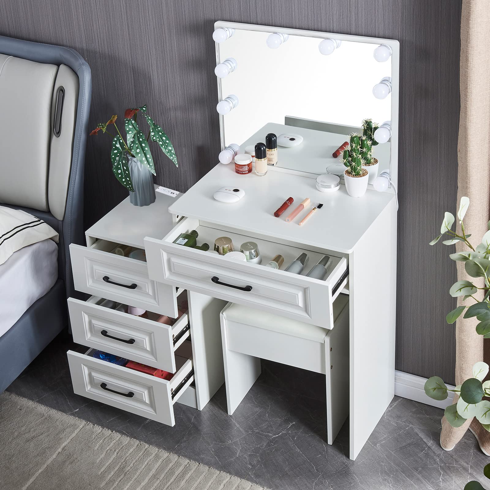 Vanity Desk with Charging Station and Lighted Mirror, White Vanity Desk Dressing Table with Storage Shelves and Drawers for Bedroom, Dressing Room