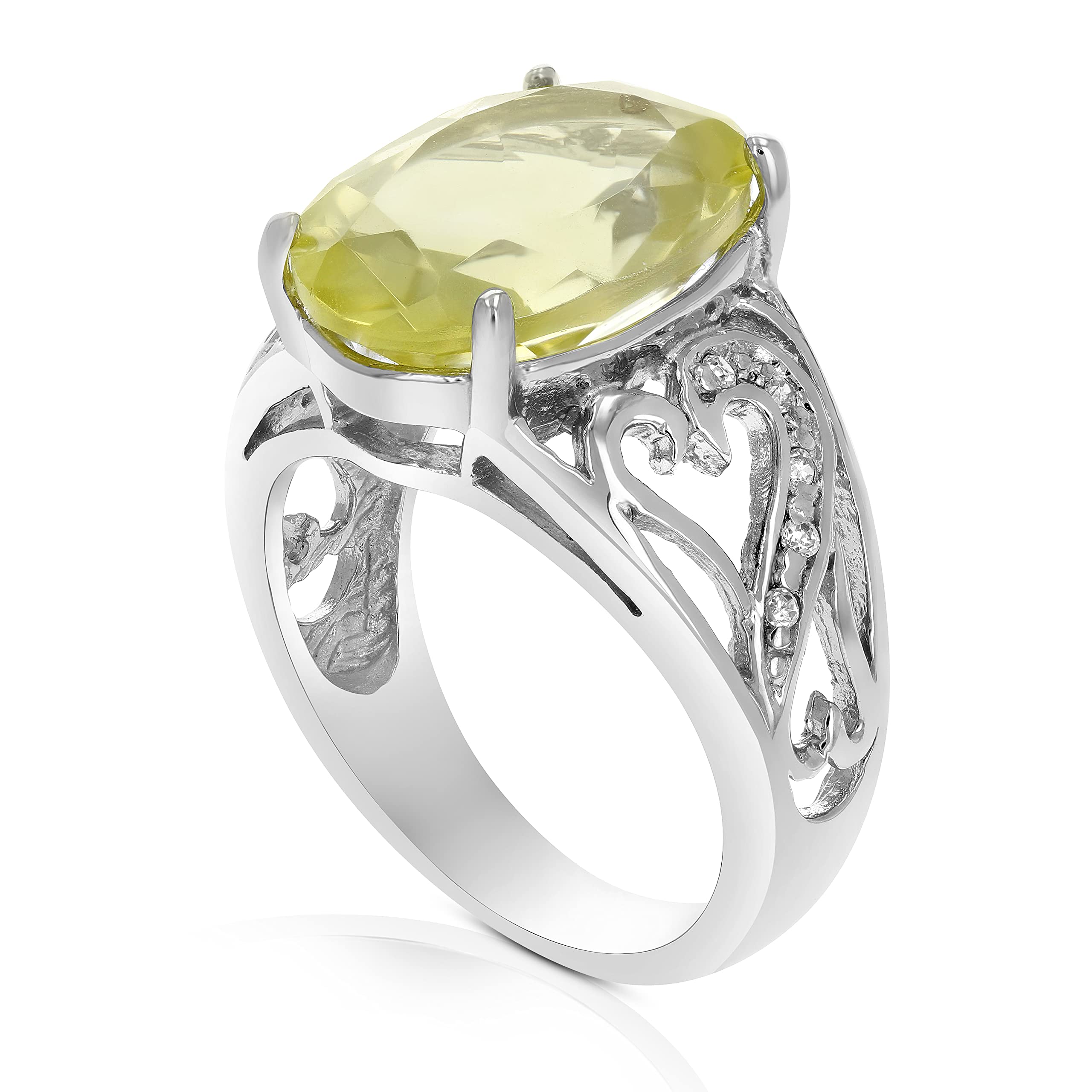 VIR JEWELS 5 cttw Lemon Quartz Ring .925 Sterling Silver with Rhodium Oval Shape 14x10 MM Size 5