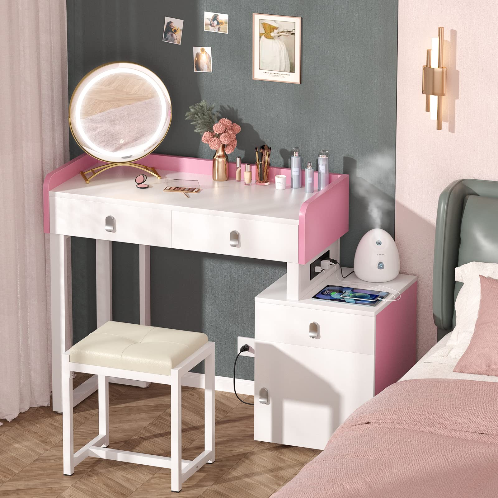 Vanity Desk with Lighted Mirror & Power Outlets, 44'' Makeup Vanity Set with Lights & 3 Drawers, Vanity Mirror with Lights Desk & Chair, Dressing Table with Reversible Cabinet & Stool, White & Pink
