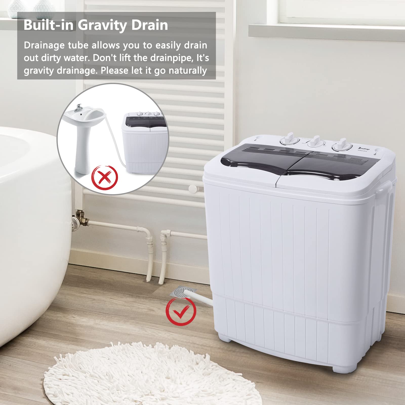 Vasitelan Compact Mini Twin Tub Washing Machine, Portable Laundry Washer w/Wash and Spin Cycle Combo, Built-in Drain, 14.3lbs Capacity for Camping, Apartments