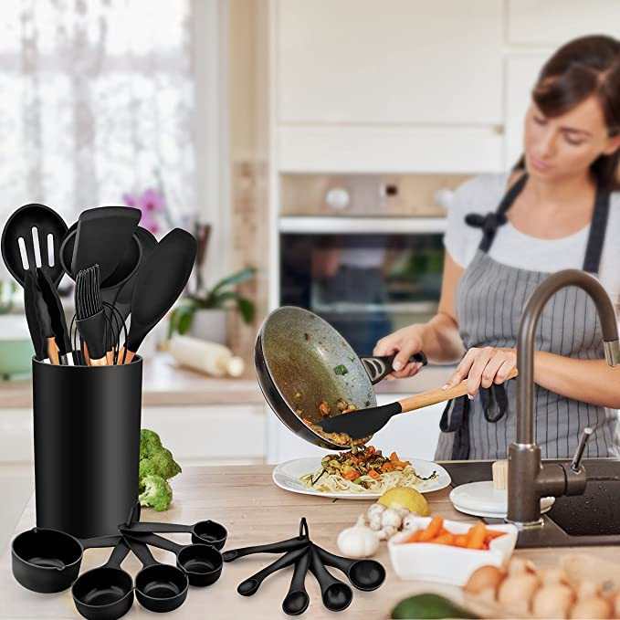 Utensil sets-Kitchen 33 Pcs Non-Stick Silicone Cooking Utensils Set with Holder, Sturdy Wooden Handle, Heat Resistance Silicone Spatula Spoon Kitchen Gadge