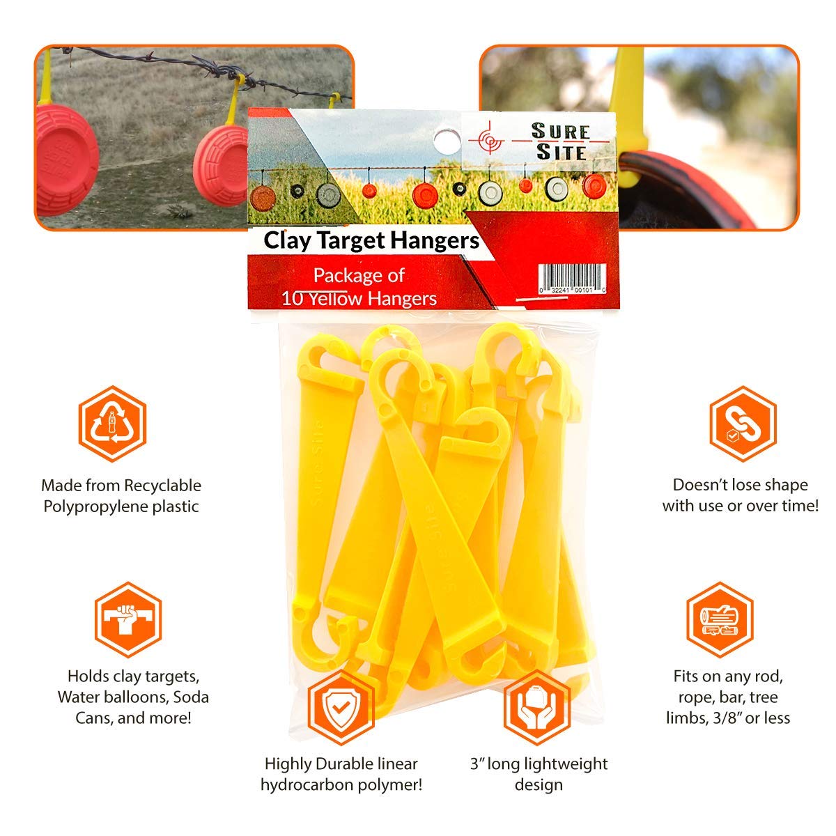 Sure SITE Clay Pigeon Target Hangers 50-Pack. Small, Lightweight, Reusable with Hooks on Each End. Attach to Fence, Line. Orange for Excellent Visibility. Holds Clay Targets, Water Balloons, Cans