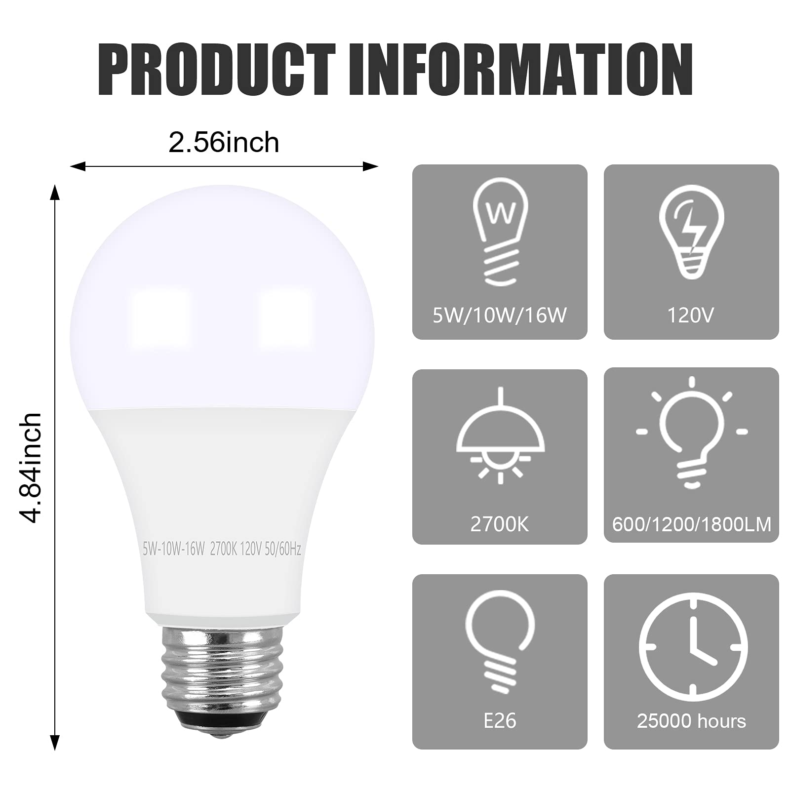 Zorykn 3-Way A19 LED Light Bulb 50-100-150W Equivalent, 2700K Warm White, Dimmable LED Light Bulb with E26 Medium Base, Perfect for Table Lamps, Desk Lamps, Floor Lamps, 600-1200-1800LM(2 Pack)