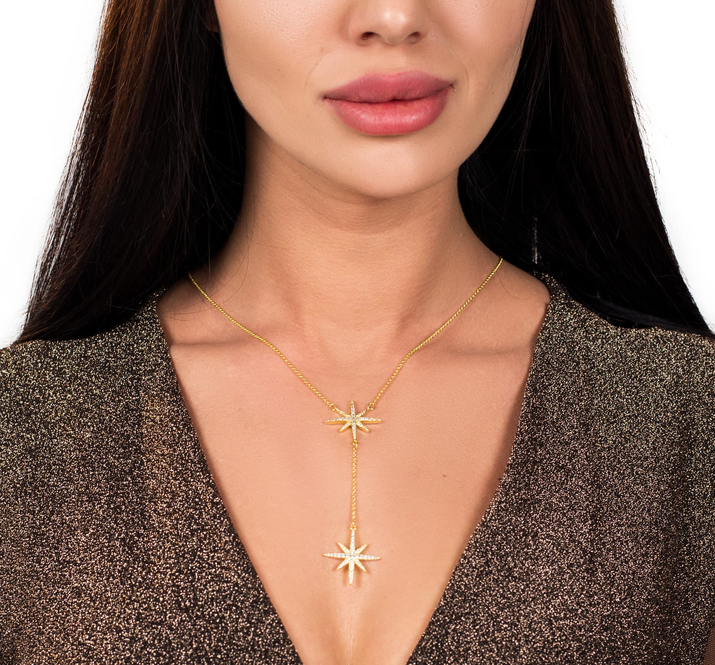 Savlano 14K Yellow Gold Plated Cubic Zirconia Round Cut Starburst 18 Inches Pendant Chain Necklace For Women