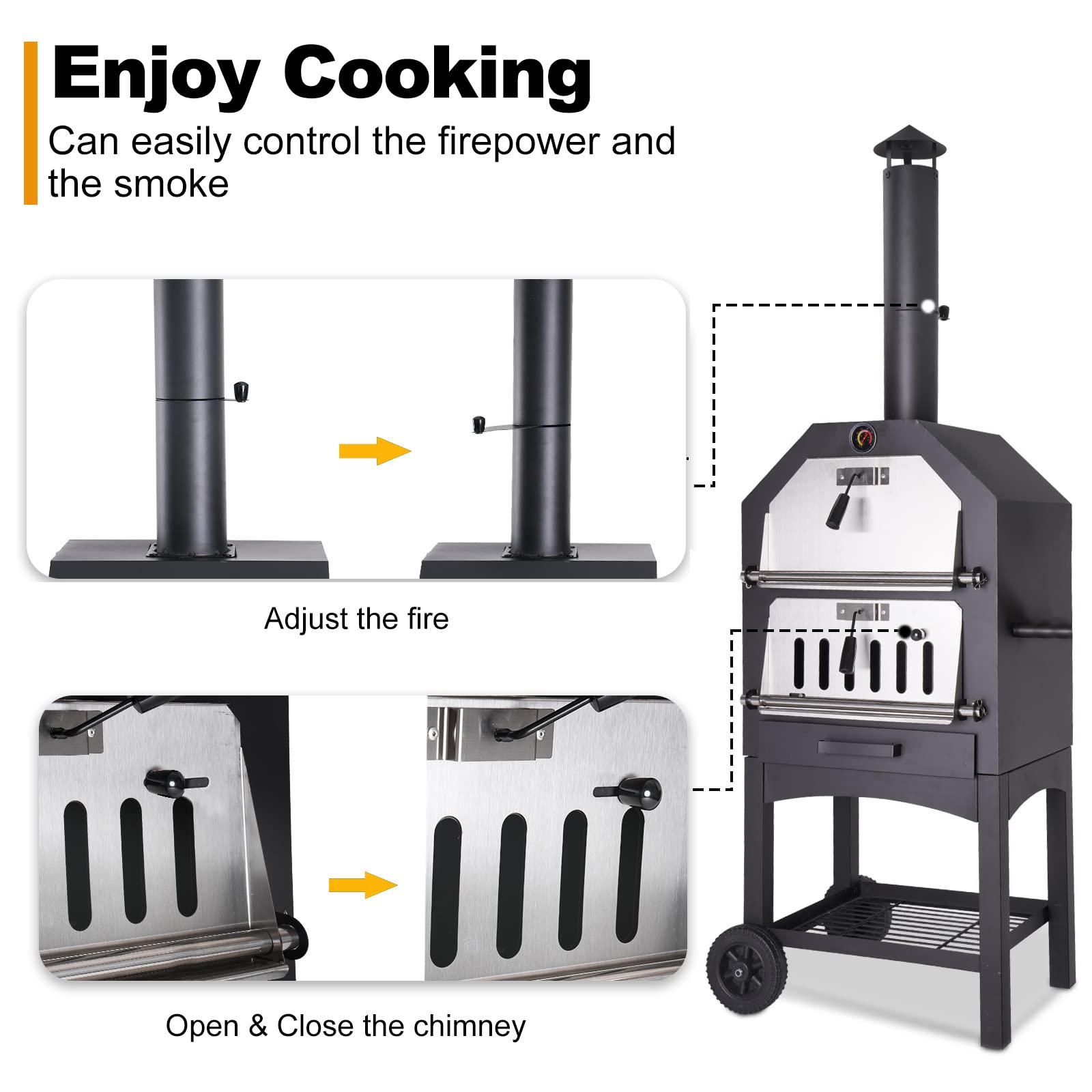 Vonzoy Wood Fired Outdoor Pizza Oven with Waterproof Cover, Pizza Stone and Peel, Wood Burning Pizza Oven with 2 Wheels for Outside