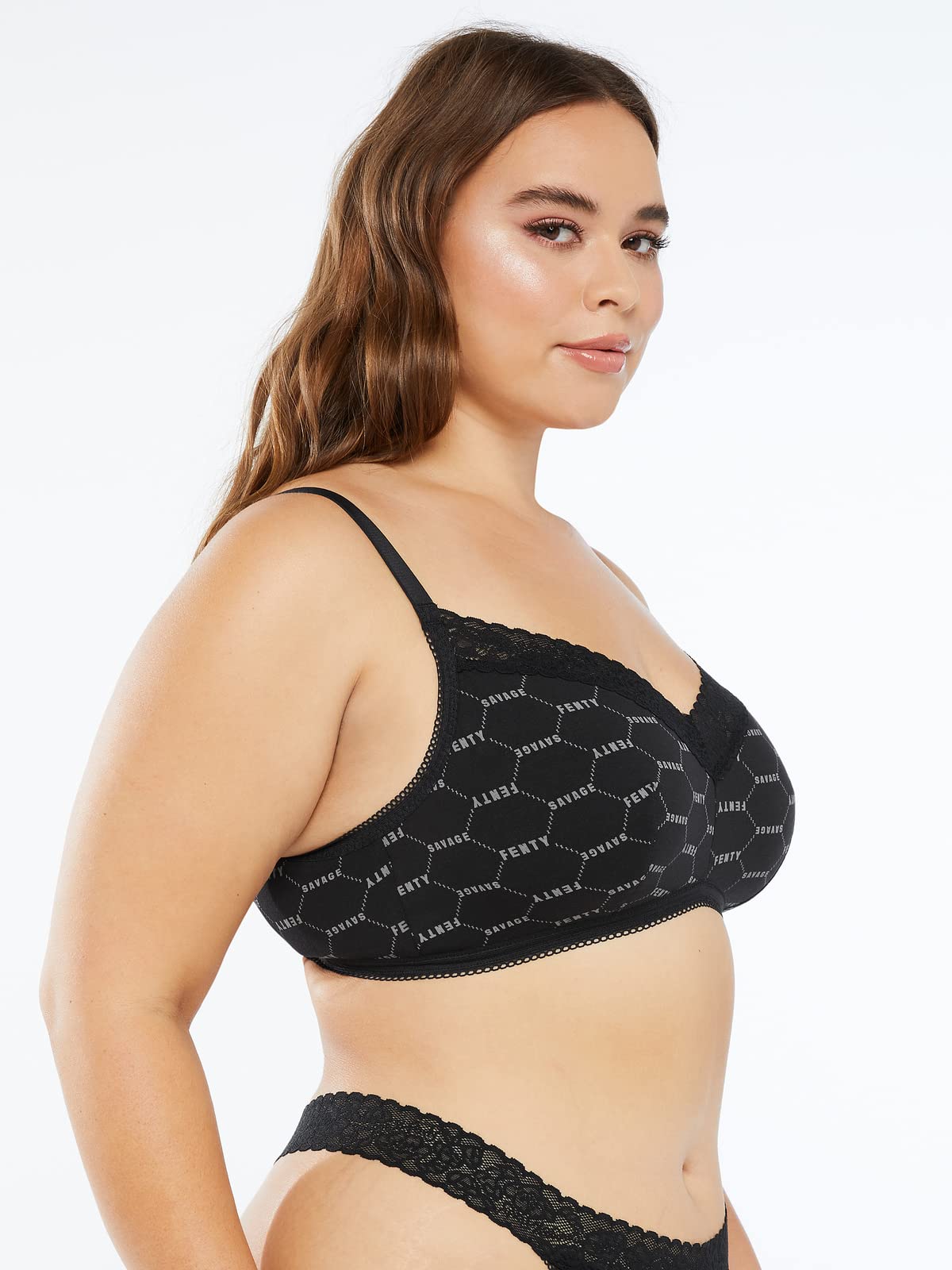 Savage X Fenty, Women's, Cotton Essentials Bralette, Cotton, Unlined Bralette, Black Caviar Logo Print, 1X