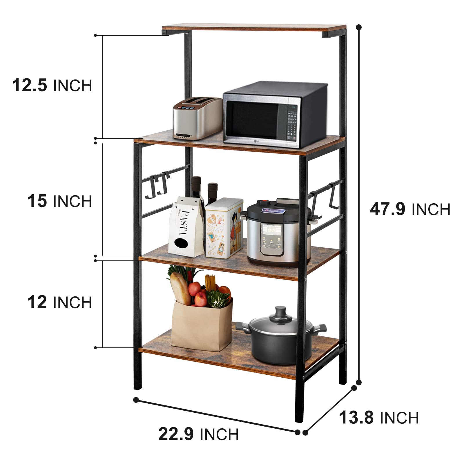 Sasoiky Bakers Rack,4-Tier Kitchen Storage Shelf Rack,Microwave Cart Coffee Bar Stand Rack with 4 Hooks,Bakers Racks for Kitchens with Storage(Light Brown)