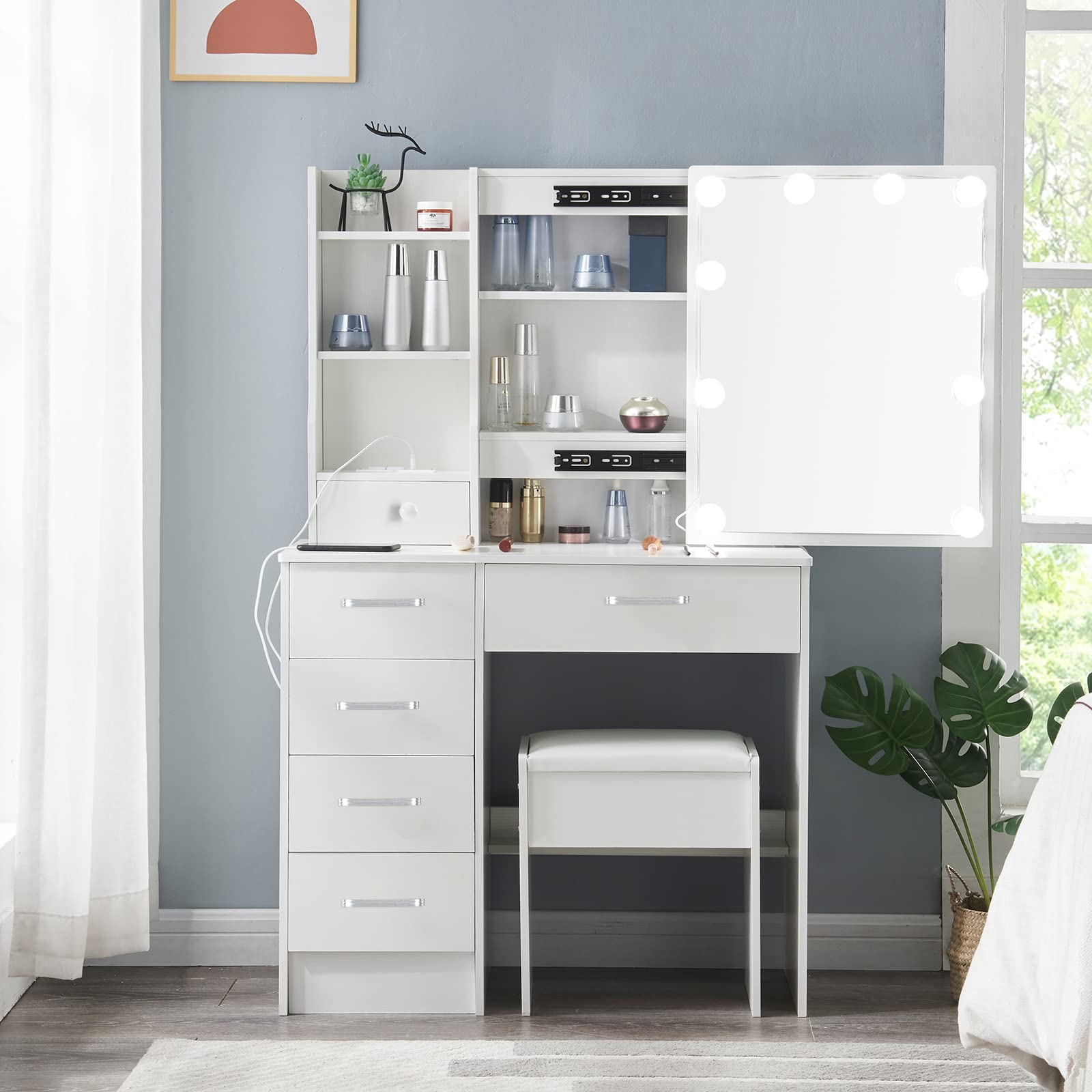 Vanity Set Makeup Dressing Table with Light and Mirror, Cushioned Stool for Bedroom, Dressing Desk for Girls Women, Vanity Desk with 6 Drawers, White