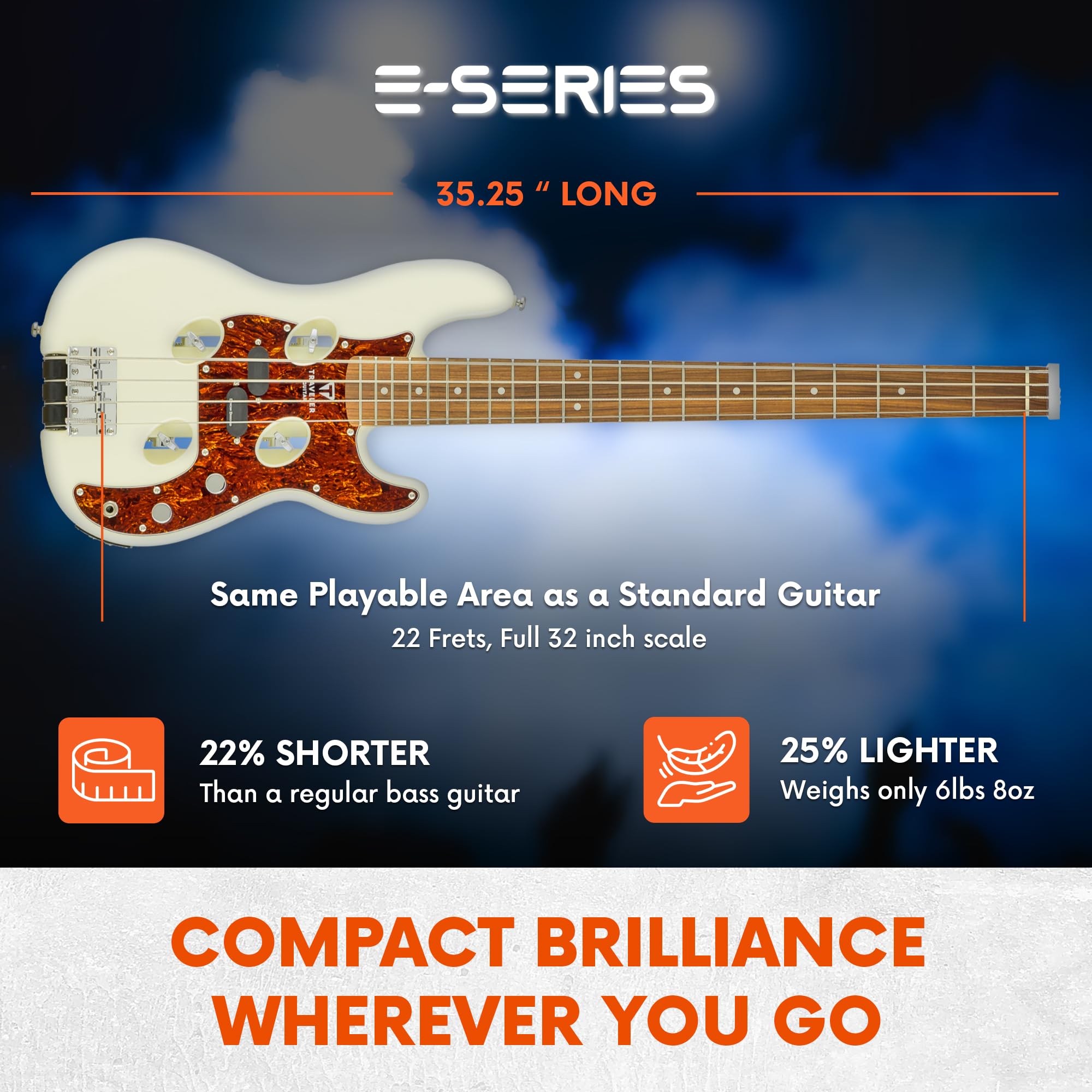 Traveler Guitar TB-4P Bass | 4 String Electric Bass Guitar with In-Body Tuning, Pearl White, Medium Scale, Headphone Output, Compact Gig Bag Included