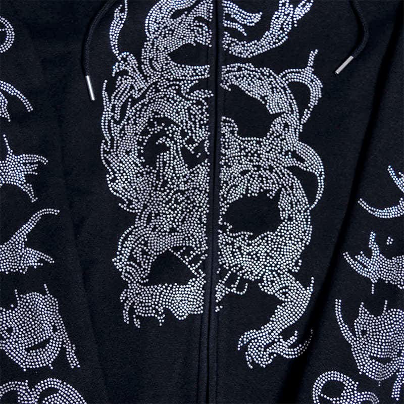 Women Men Rhinestone Graphic Zip up Hoodies Unisex Casual Oversized Jacket Coat Goth Punk Loose Sweatshirt (B-black dragon,M)