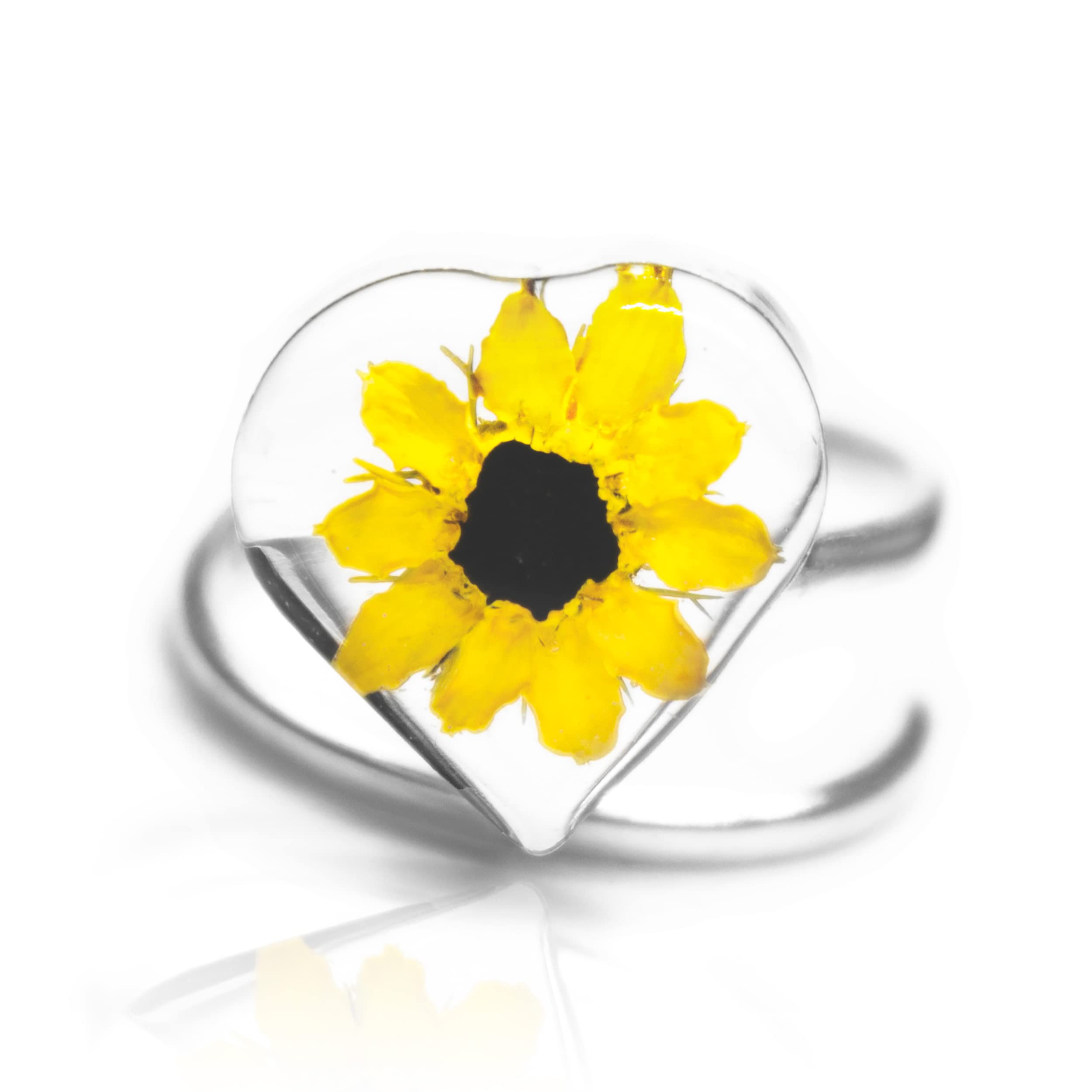TAMI Real Sunflower Ring in Sterling Silver Adjustable Heart, Floral Jewelry