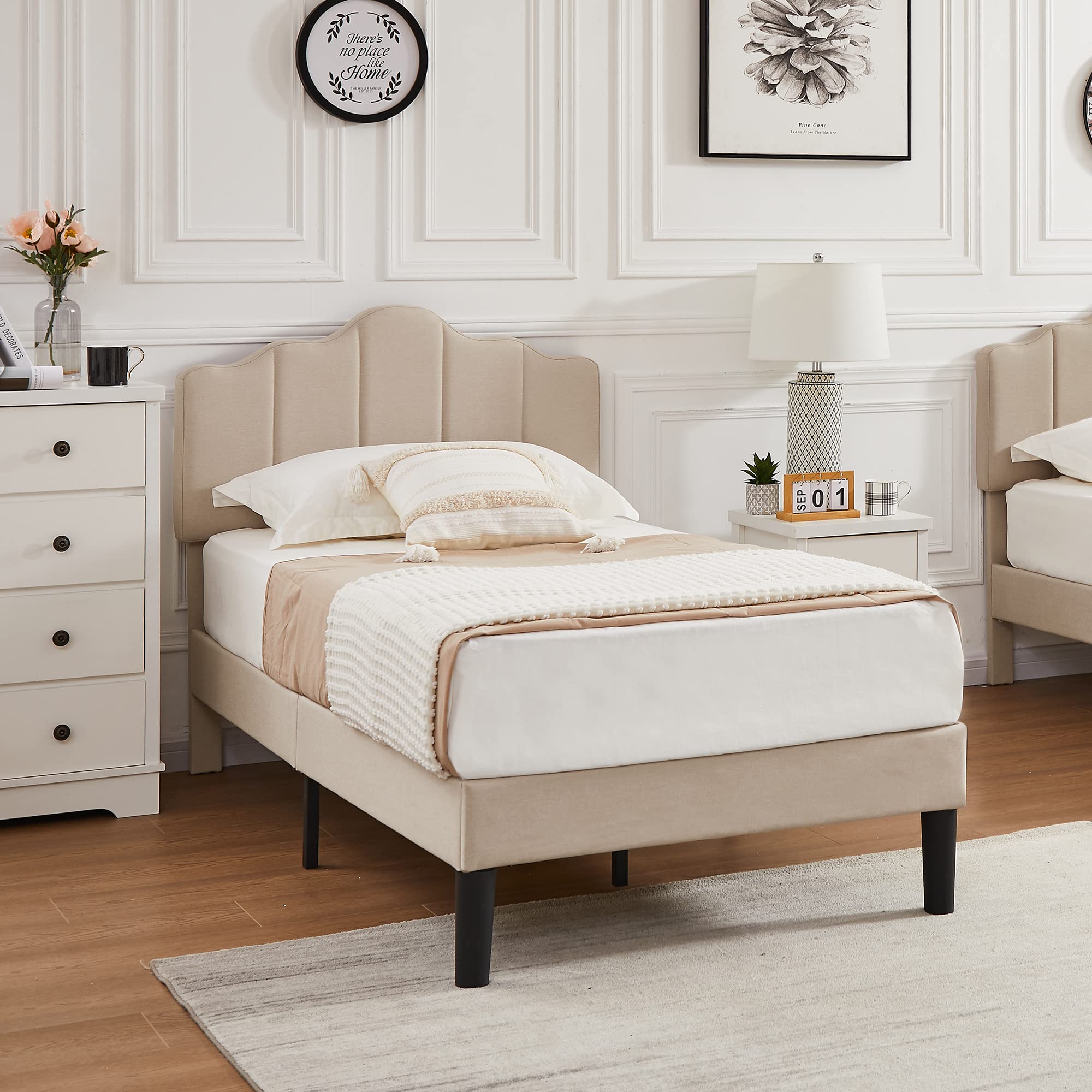VECELO Twin Size Upholstered Platform Bed Frame with Adjustable Headboard, Wood Slat Support and Noise-Free, No Box Spring Needed, Easy Assembly