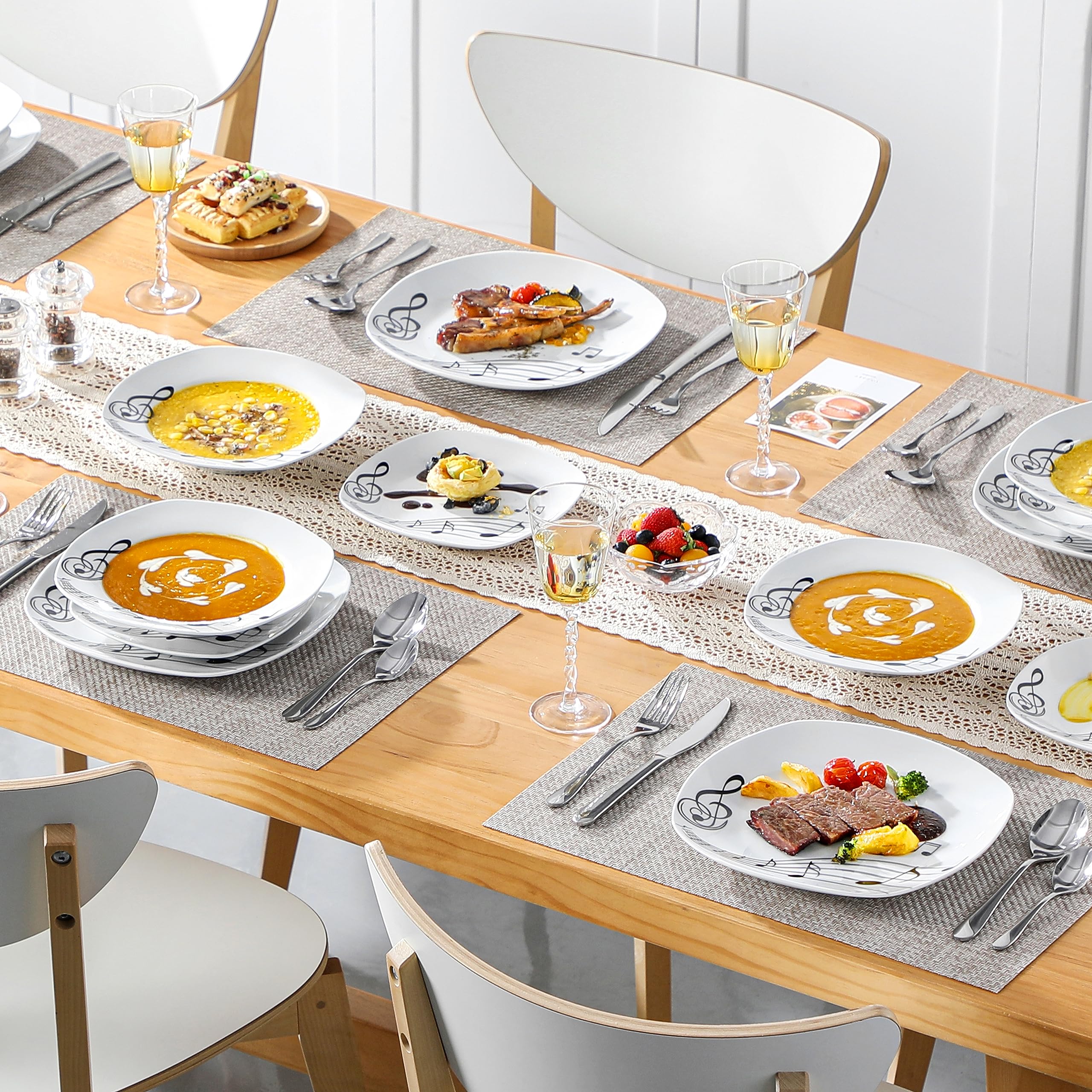 VEWEET Porcelain Dinnerware Sets, 36-Piece Square Musical Note Patterns Plate Sets with Dinner Plate, Soup Plate, Dessert Plate, Service for 12, MELODY Series