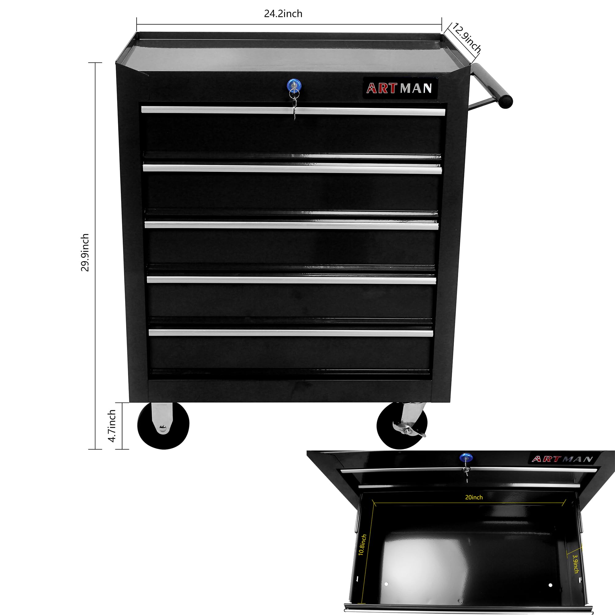 SEHAONOHOME 5 Drawers Rolling Tool Chest Cabinet with Wheels, Tool Storage Cabinet and Tool Box Organizer for Garage Warehouse Workshop, Black