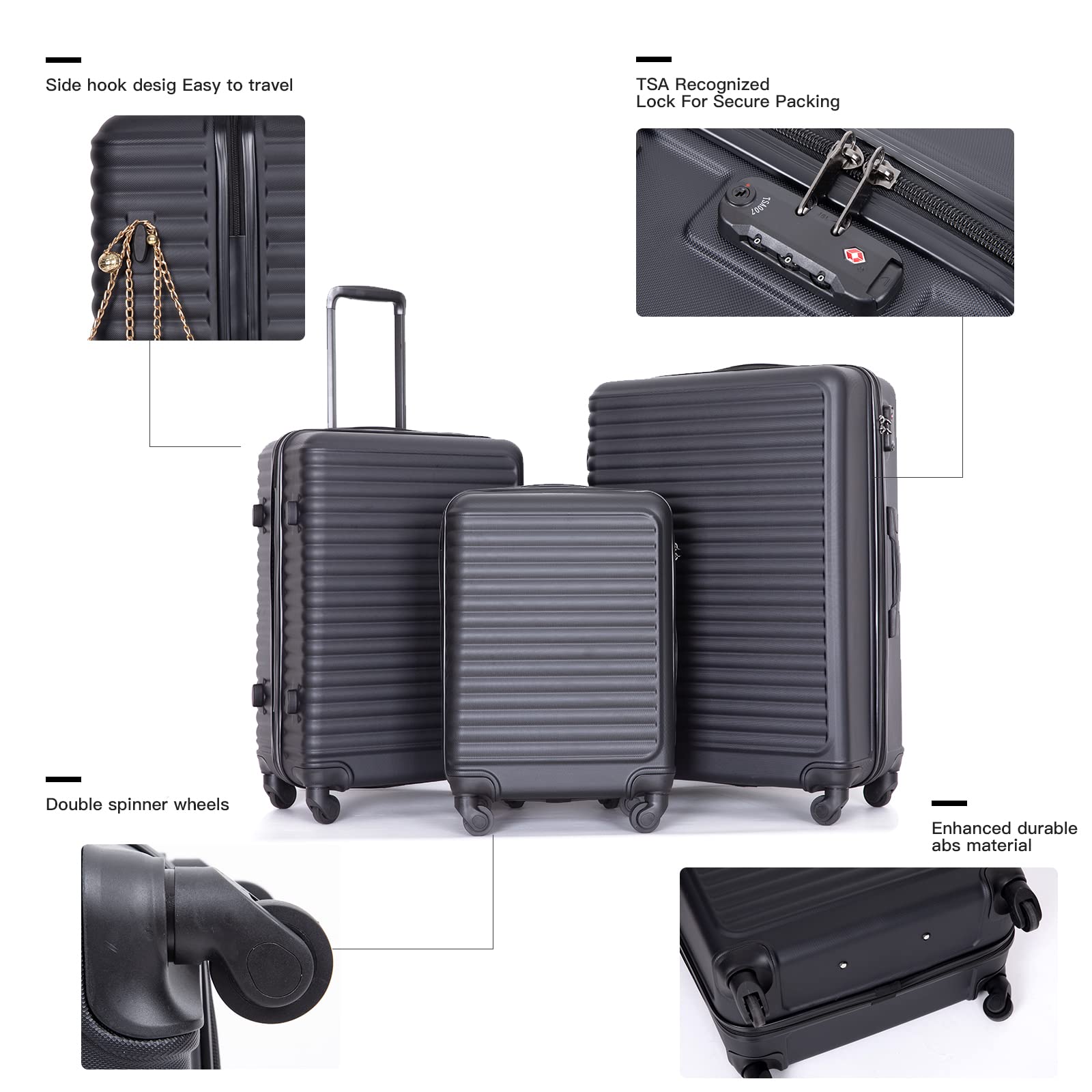 Tripcomp Luggage Sets Wear-Resistance Hardside Lightweight Suitcase Double Spinner Wheels, TSA Lock,Two Hooks, Scratch-resistant Carry-on,3 Piece Set(20inch 24inch 28inch) (Silver)