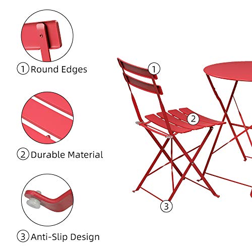 VINGLI Steel Patio Bistro Set, 3 Piece Folding Outdoor Patio Furniture Sets, Folding Patio Round Table and Chairs(Red)