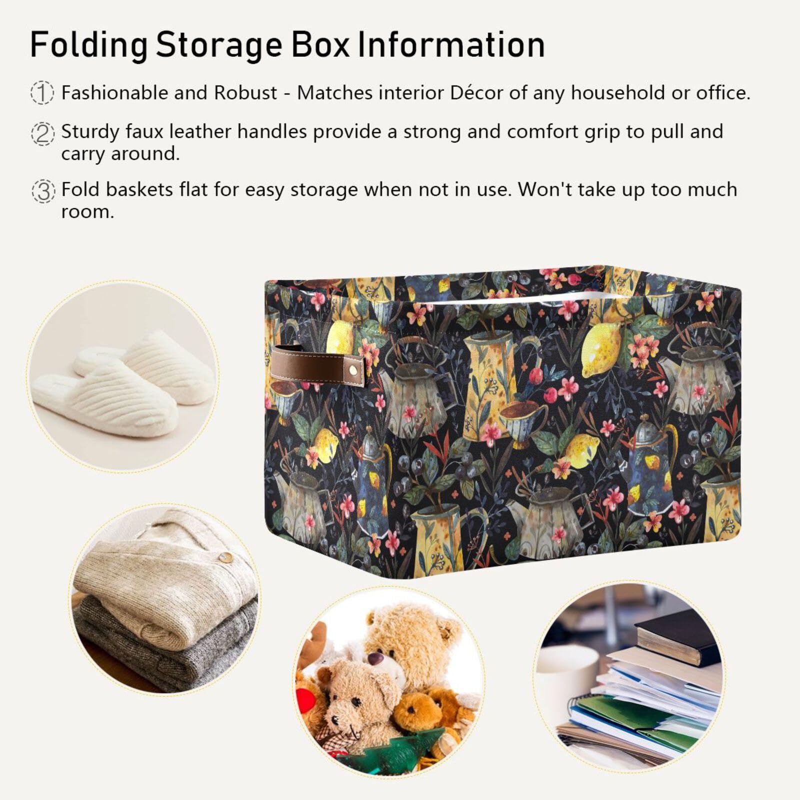 Teapots Lemons Storage Basket Bins Collapsible Toy Storage Bins with Handles Laundry Baskets for Bedroom Office Clothes Pet Nursery Living Room,1 pcs