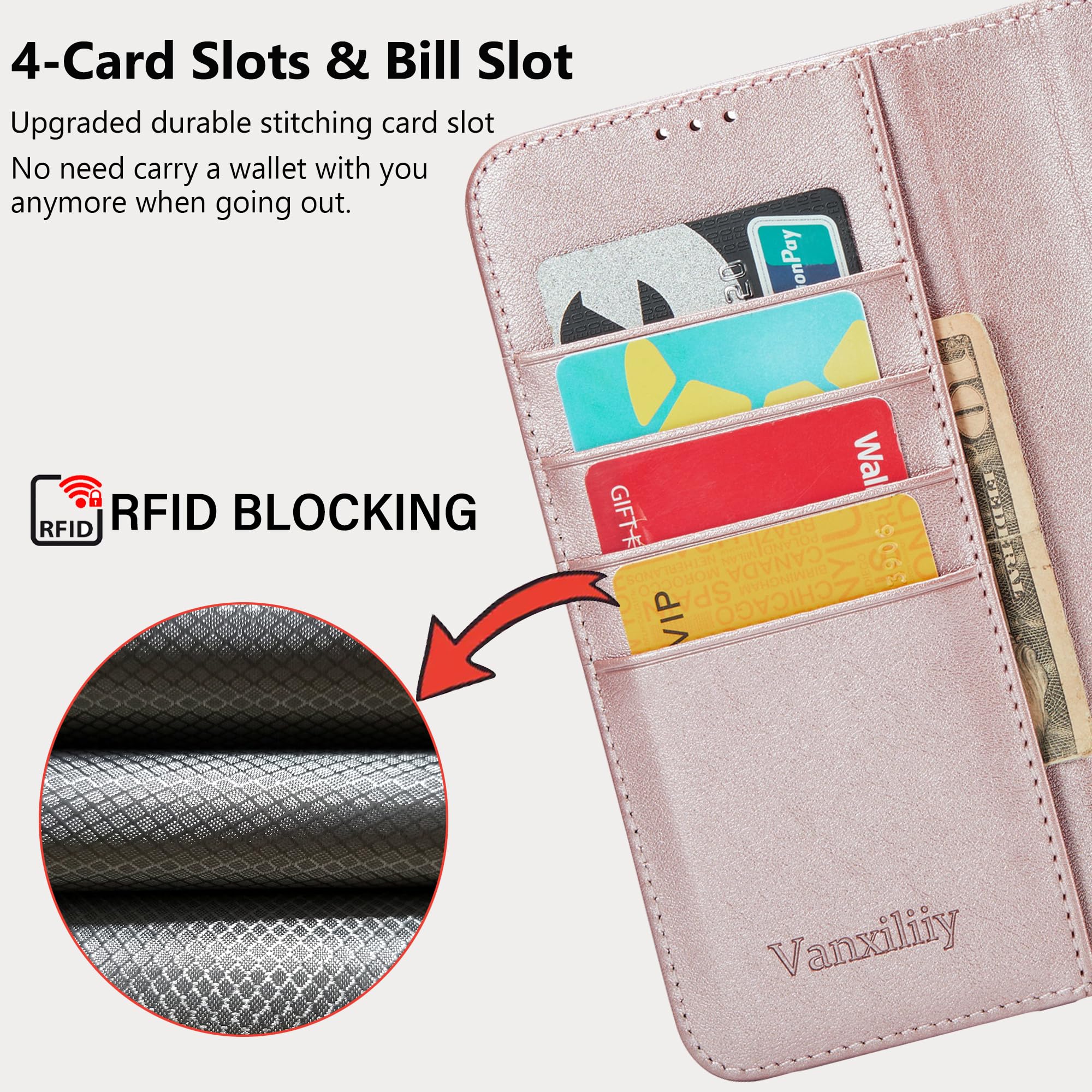 Vanxiliiy iPhone 13 Pro Max Wallet Case【RFID Blocking】 Card Holder PU Leather【Strong Magnetic】 Detachable Phone Cover for iPhone 13 Pro Max, Rose Gold