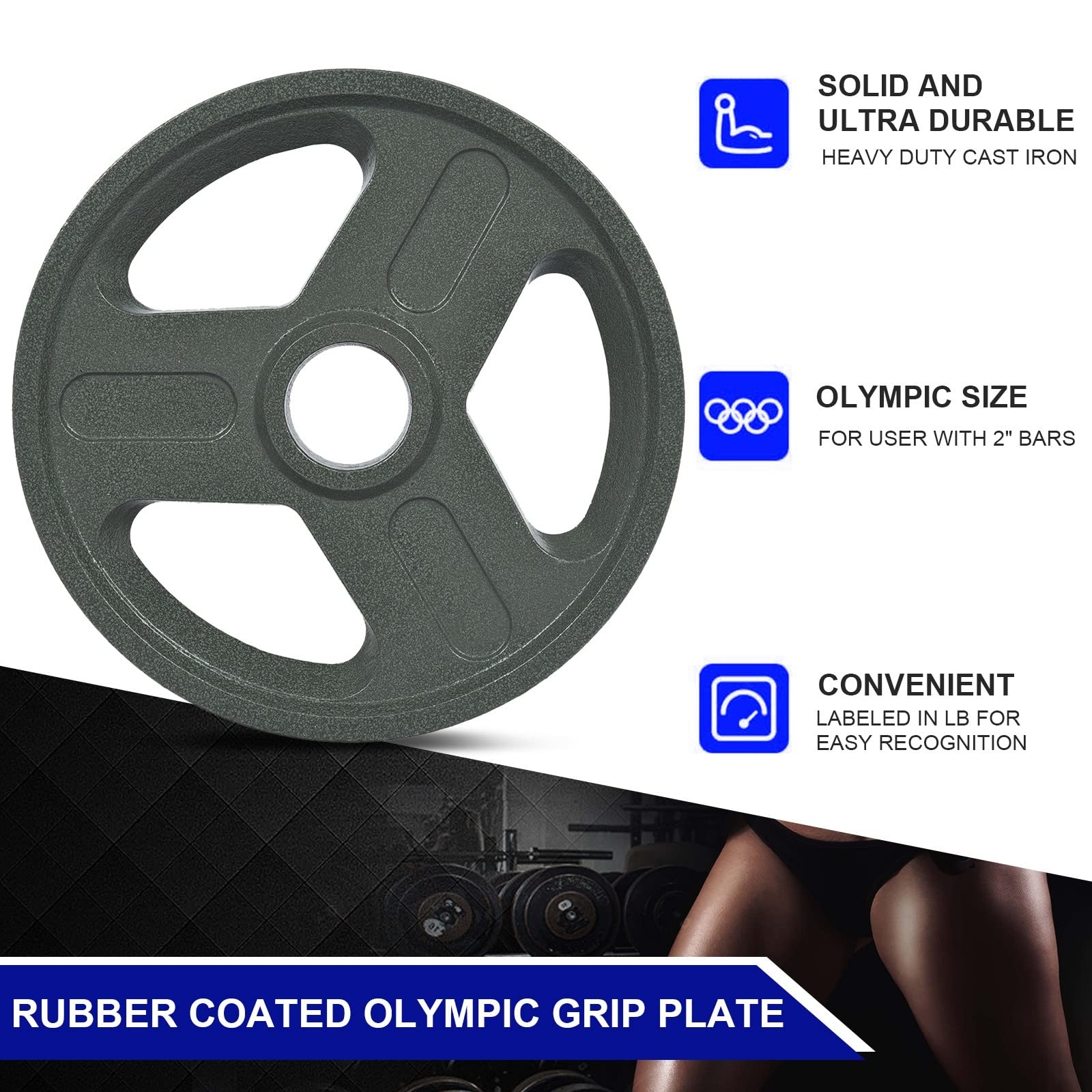 Vehpro Three Grip Olympic Bumper Weight Plates Set with 2-inch Hole, 1Pcs 25LB Standard Free Weights Rubber Plate for Strength Training Muscle Toning, Type-1
