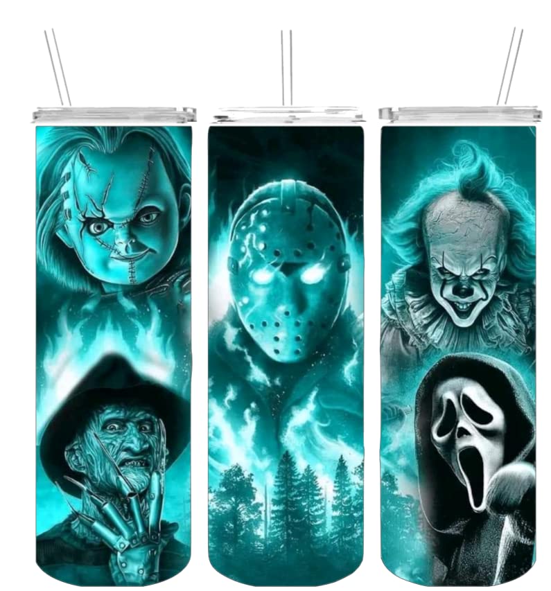 Stainless Steel Tumbler Double Wall with Lid Straw 20oz Glow in the Dark GLowing Horror Movie characters