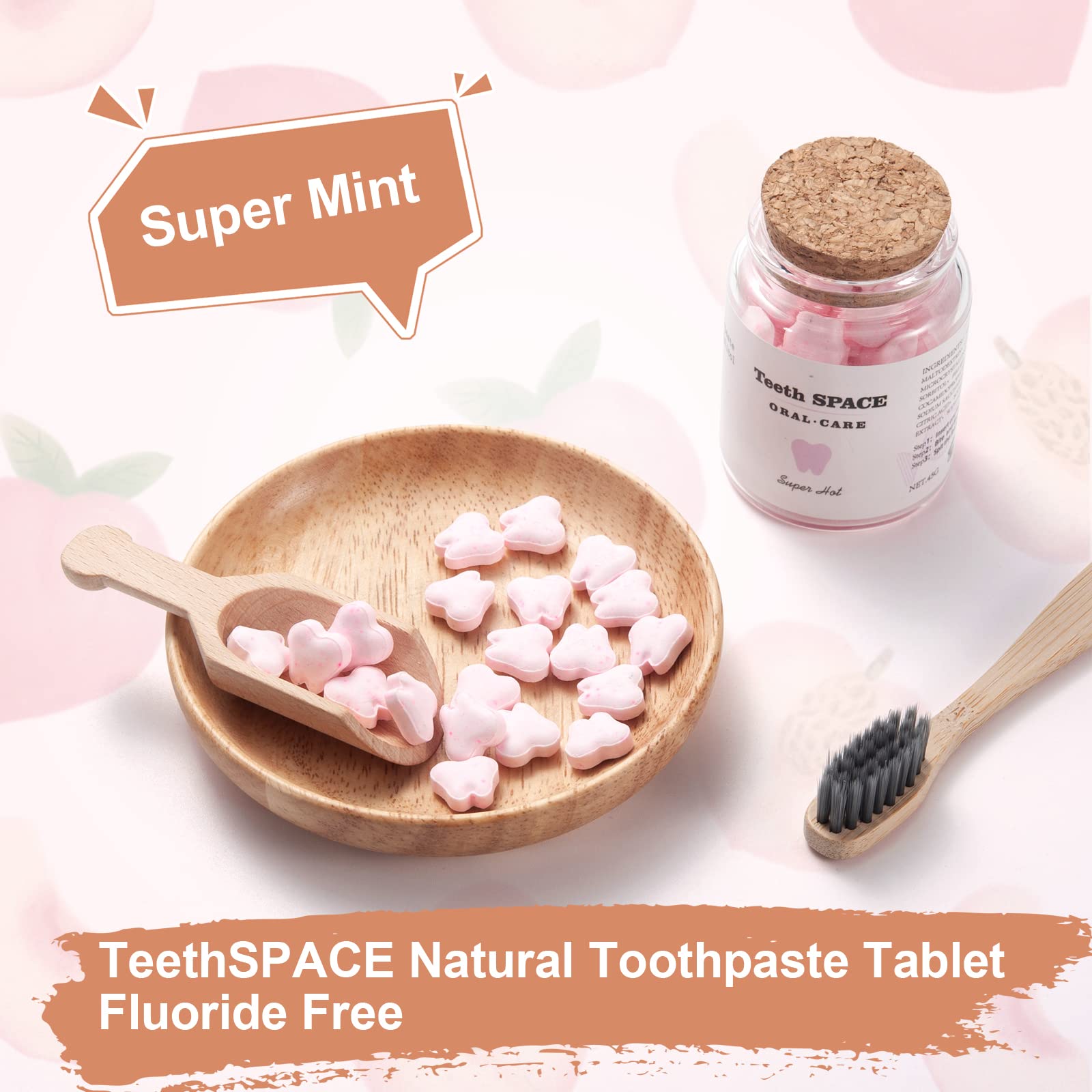 TeethSPACE Peach Mint Toothpaste Tablets, 65 Mega Size Chewable Tabs, Natural and Eco-Friendly, Flouride Free, Teeth Cleaning and Whitening Solution, Travel Mouthwash Tablets, Natural Ingredient