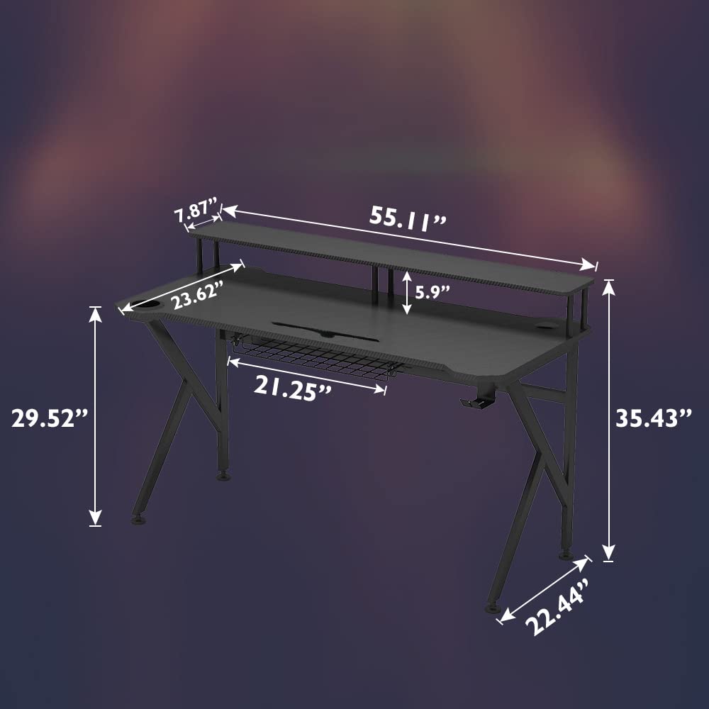 Tribesigns Gaming Desk with Monitor Riser, 55 inches Gamer Computer Desk PC Laptop Gaming Workstation with K Shaped Leg, Under-top Basket, Cup Holder & Headphone Hook for Home Use