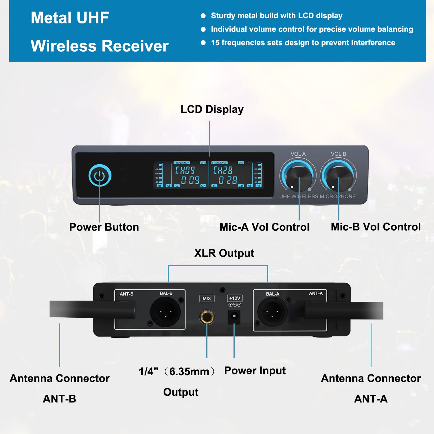 VeGue Wireless Microphone System, Metal Professional UHF Dual Channel Handheld Cordless Dynamic Mic Set for Home Karaoke,Church, DJ, Wedding, Meeting, Events, 200ft(VW-022)