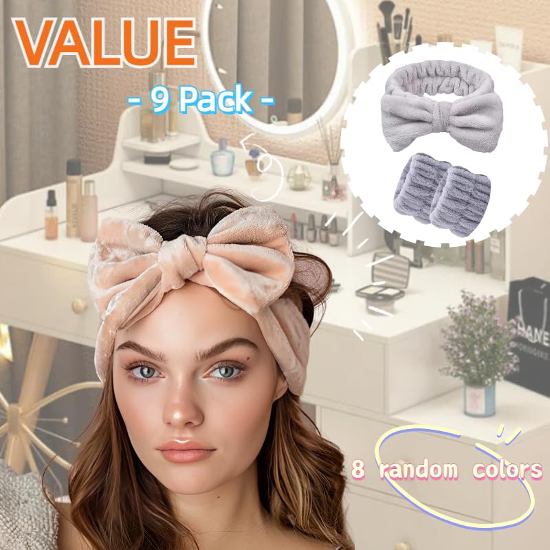 XiaLanXuan 9-Pack Soft Spa Headbands & Wristband Set - Elastic Microfiber Towel Bands for Women's Girls' Face Washing, Yoga, Sports - Random 8 Colors