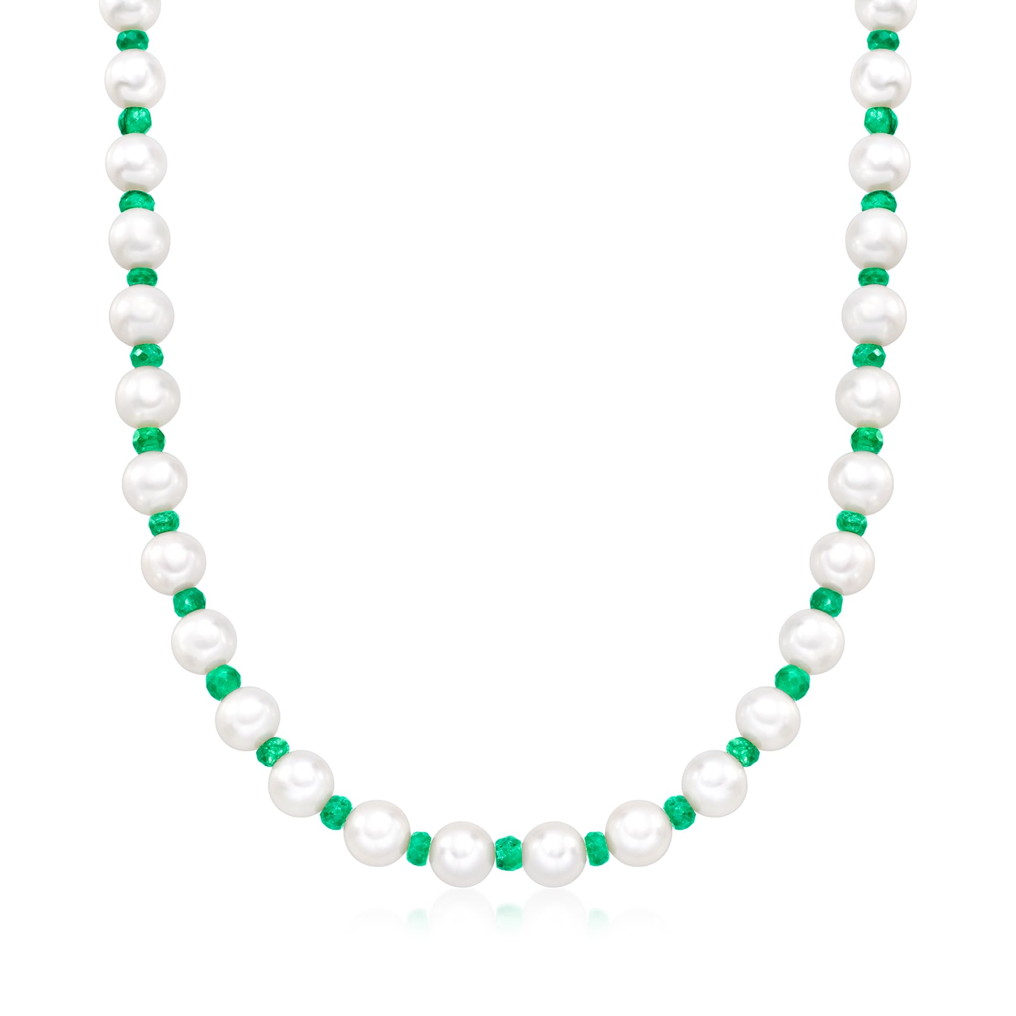 Ross-Simons 8-8.5mm Cultured Pearl and 13.00 ct. t.w. Emerald Bead Necklace With 14kt Yellow Gold. 18 inches