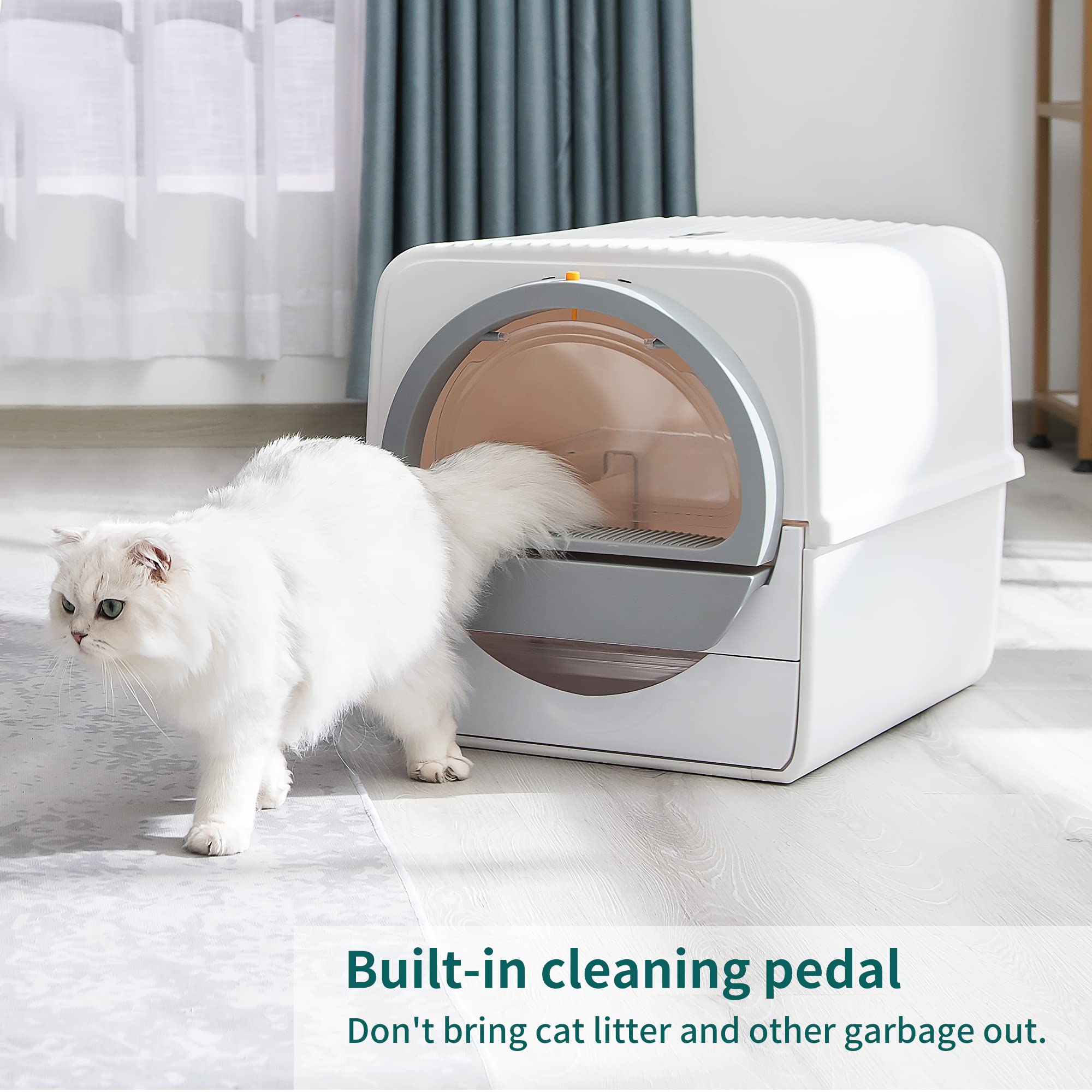 VARLNALY 4.0 Large Self-Cleaning Cat Litter Box, Pull-Out Non-Electric Automatic Cat Litter Box with Lid, One-Piece Base Prevents Urine&Litter Leakage, Fully Enclosed Litter Box Isolates Odor (White)