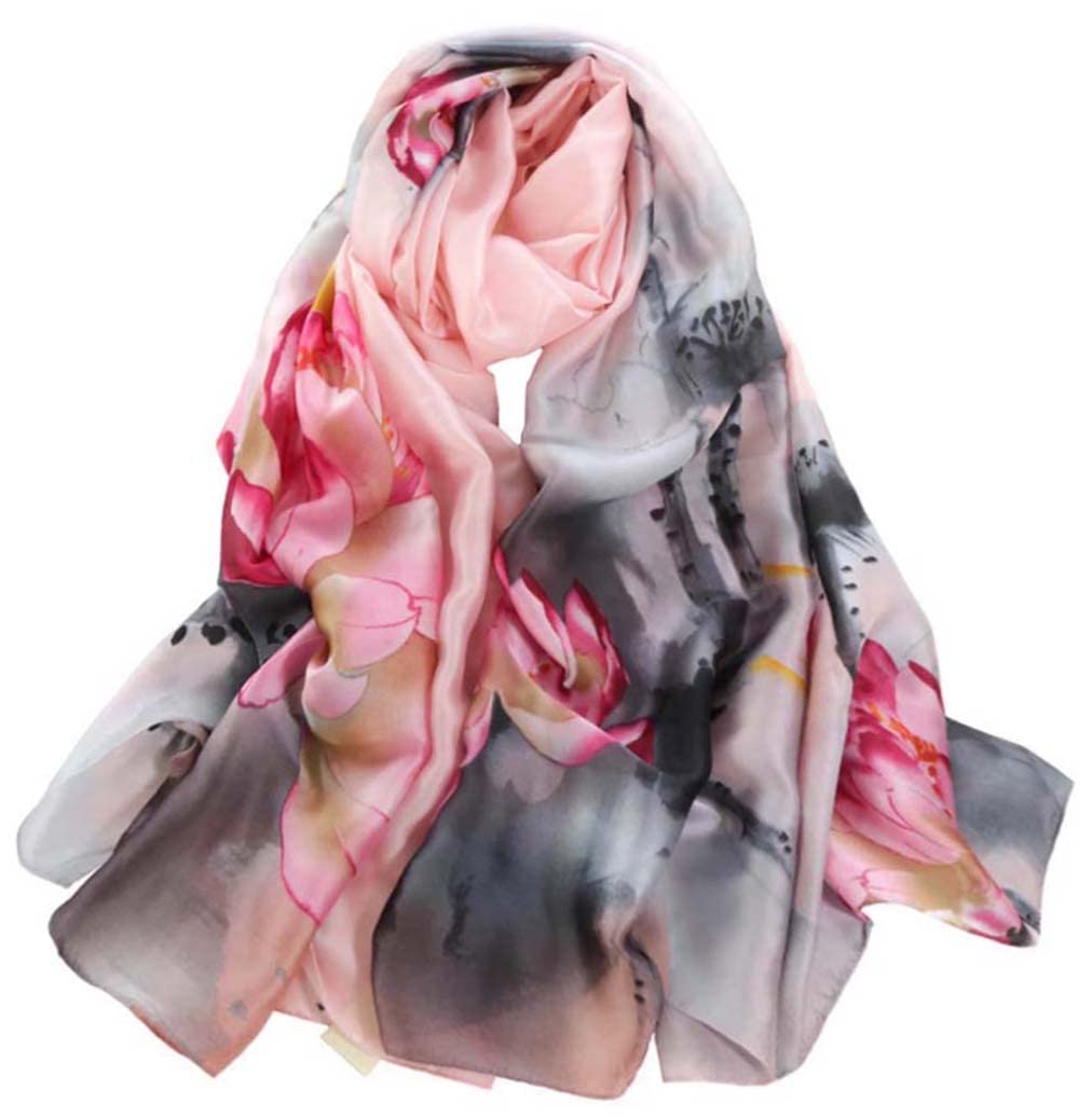 Scarfs for Women Lightweight Print Floral Pattern Scarf Shawl Fashion Scarves Sunscreen Shawls, Ink Lotus&pink, 160*50CM