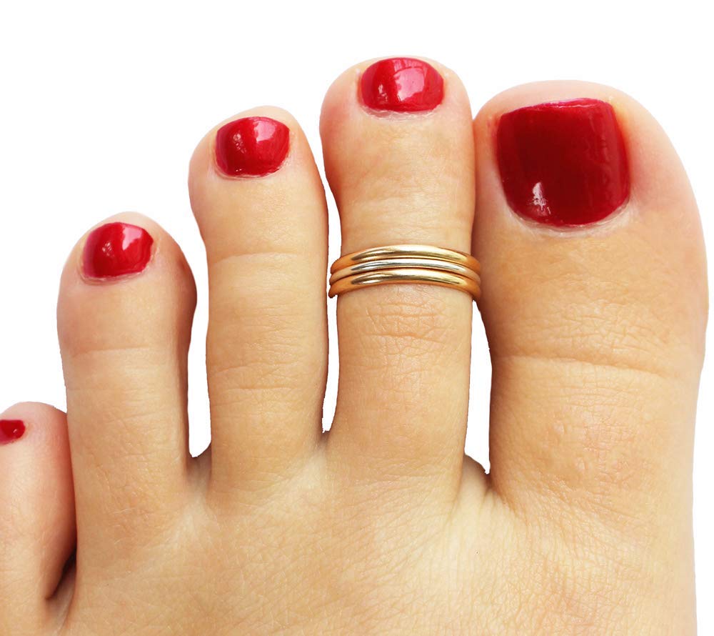 Triple Stack Mixed Metal Toe Ring | Sterling Silver and 14K Gold Fill Adjustable for Men and Women | Three Bonded Bands | Unisex One Size Fits Most